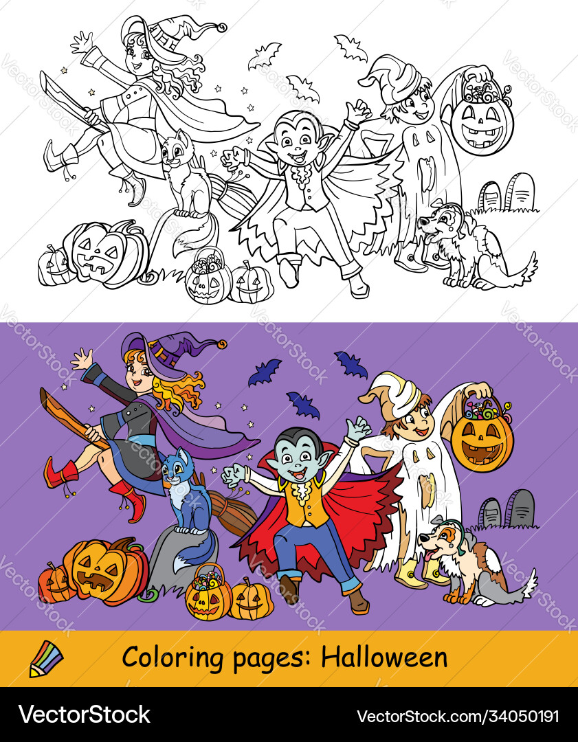 Halloween coloring and colored example witch Vector Image