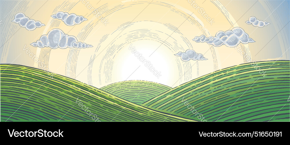 Hilly landscape sunrise above hills in graphical Vector Image