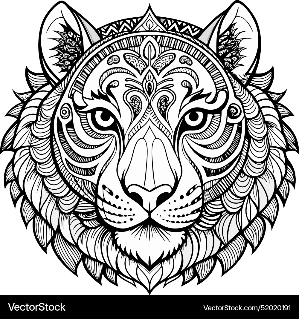 Tiger head mandala entangle coloring page Vector Image