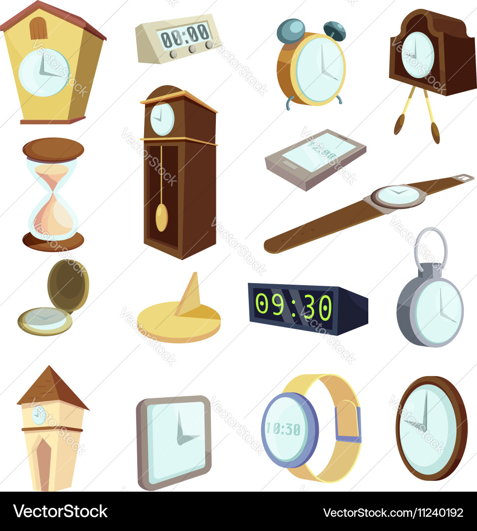 Different clocks icons set cartoon style Vector Image