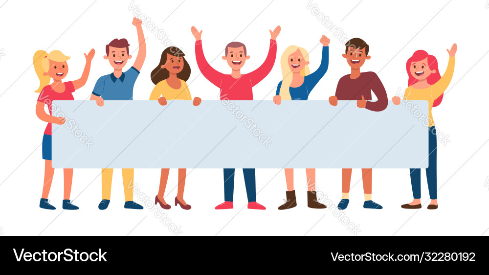 Happy people group holding a blank banner Vector Image