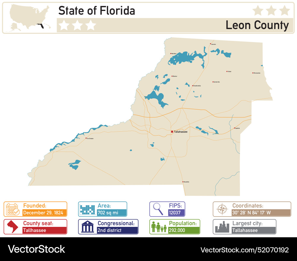 Map of leon county in florida usa Royalty Free Vector Image