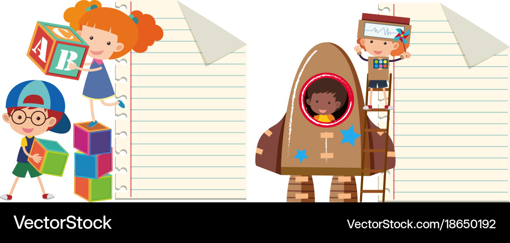 Two paper template with kids playing toys Vector Image