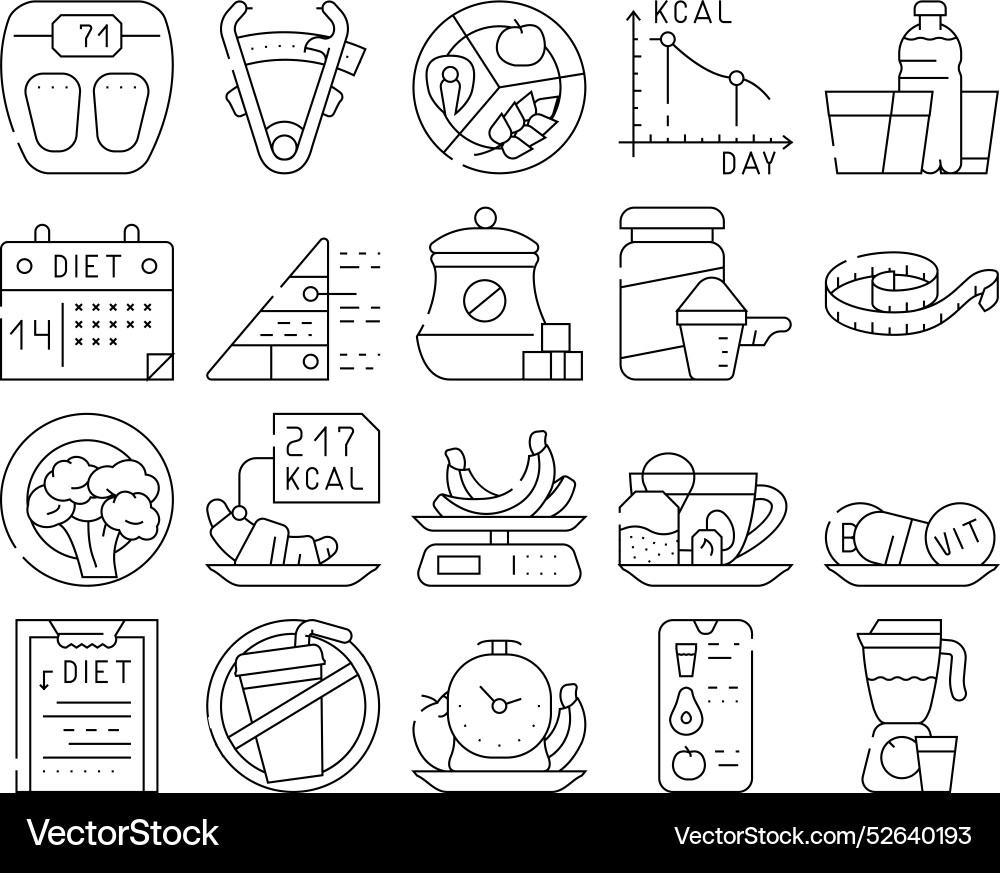 Diet products and tool collection icons set Vector Image