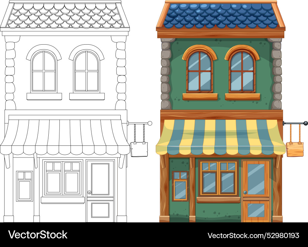 Two-story house with awning and windows Royalty Free Vector