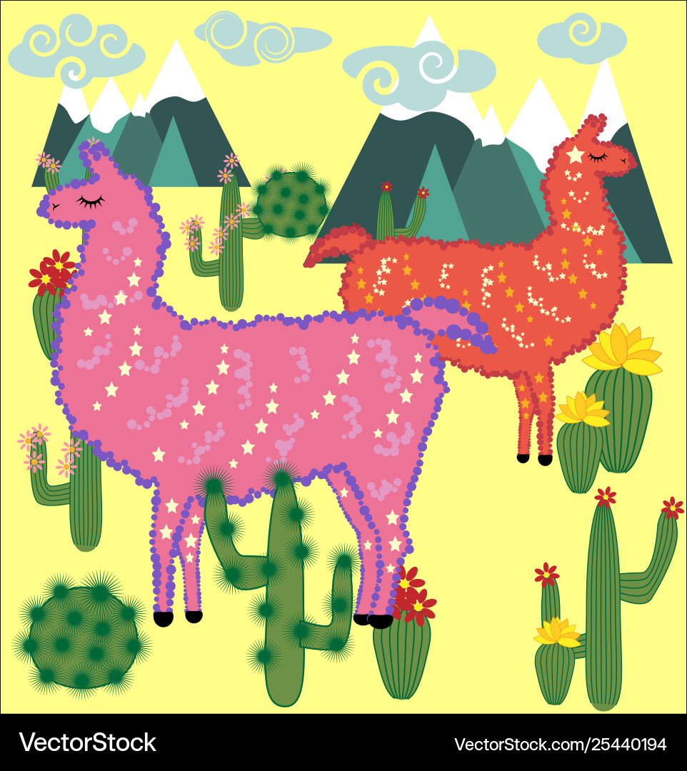 Cute alpaca llama animals and cactus Royalty Free Vector
