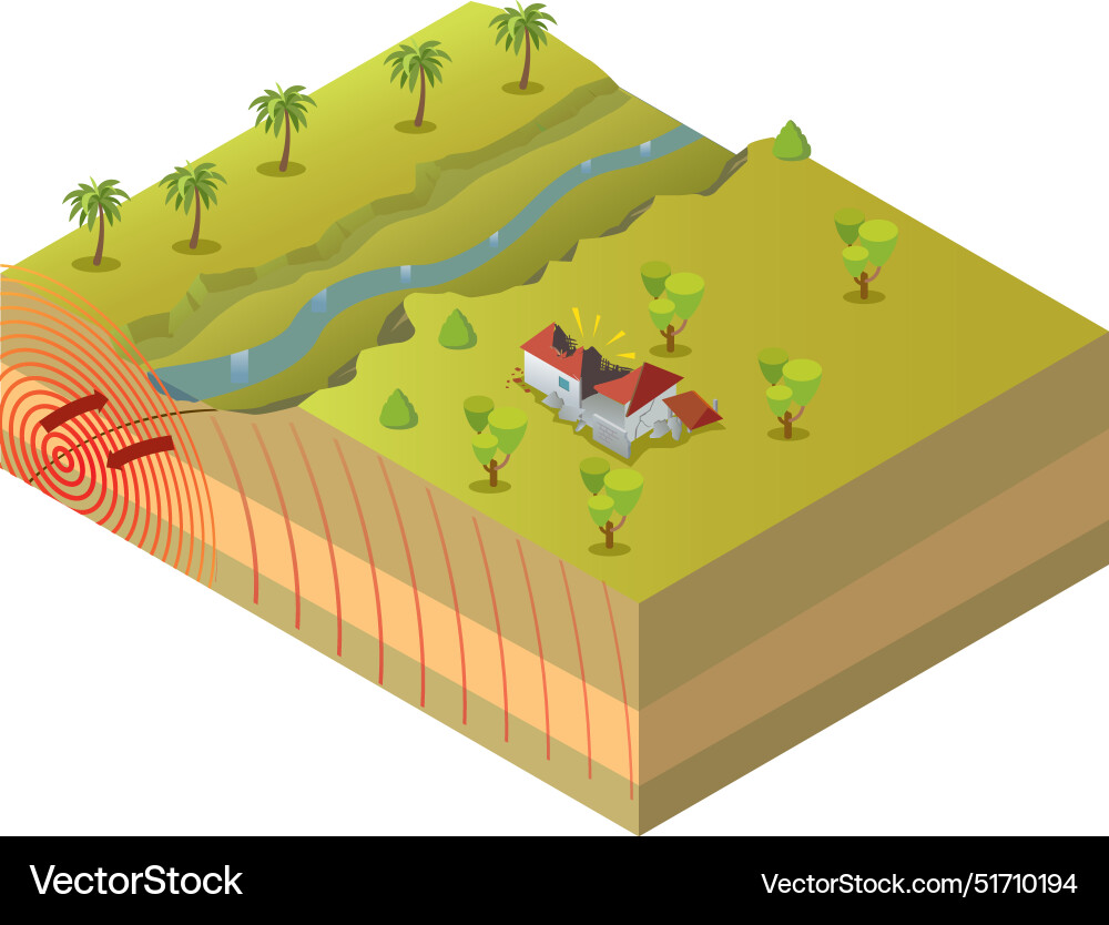 Isometric earthquake diagram Royalty Free Vector Image