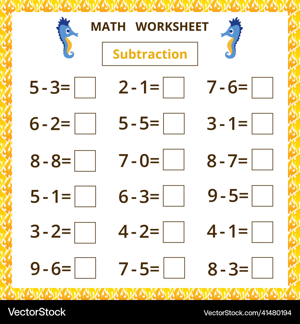 Math worksheetsubtraction Royalty Free Vector Image