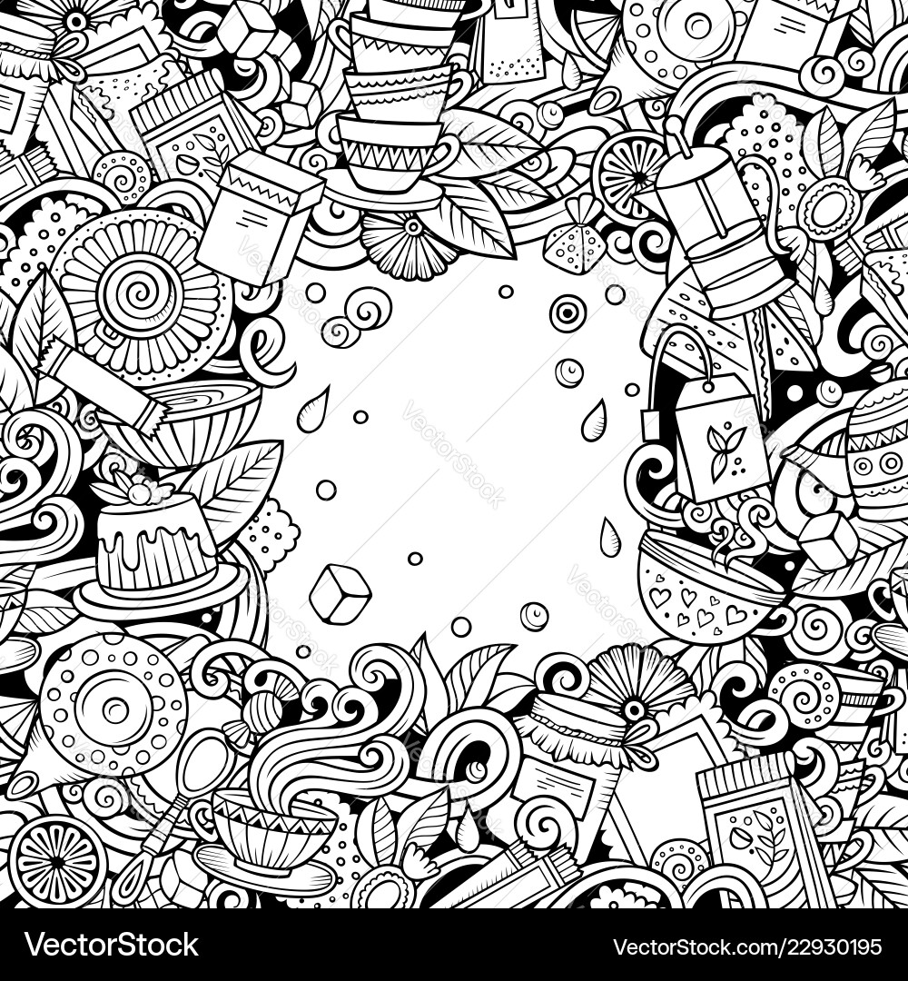 Cartoon doodles tea time frame detailed Royalty Free Vector