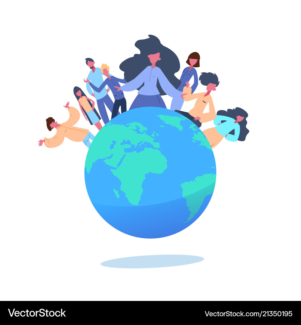 Casual people group around earth world globe Vector Image
