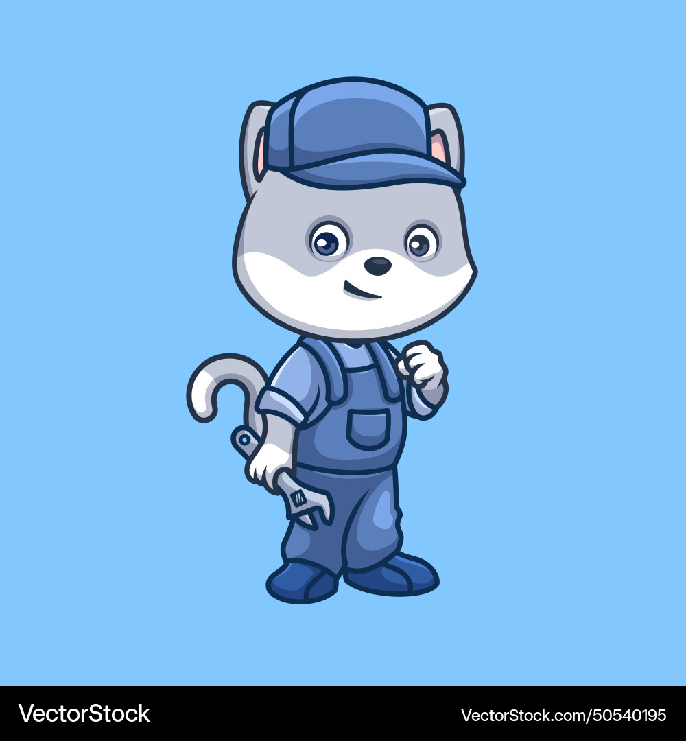 Mechanic grey cat cute cartoon Royalty Free Vector Image