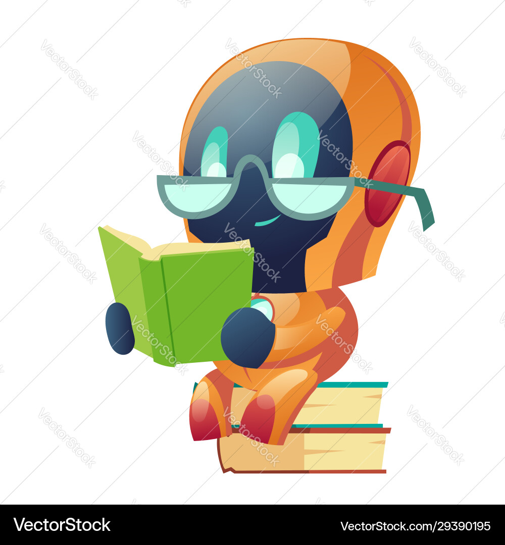 Robot in glasses reading book library clip art Vector Image