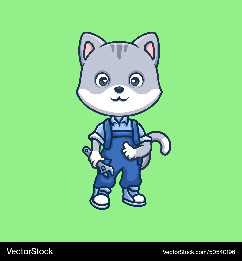 Mechanic grey cat cute cartoon Royalty Free Vector Image