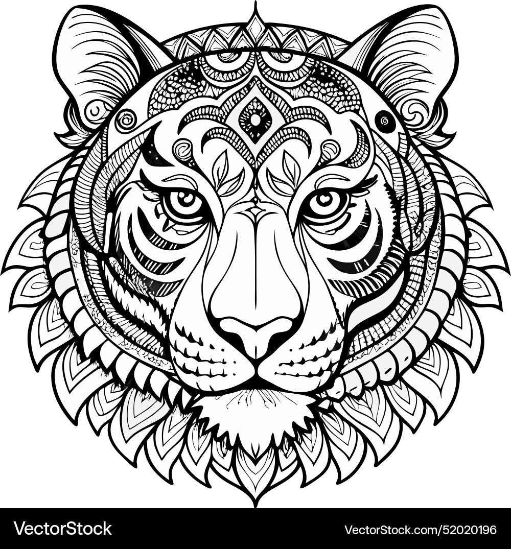 Tiger head mandala entangle coloring page Vector Image