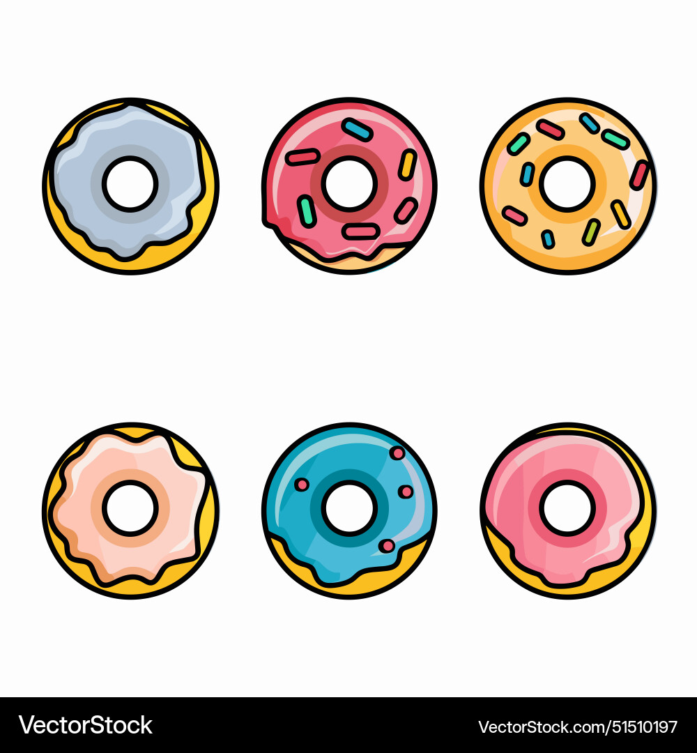 Six colorful cartoon donuts displayed against Vector Image
