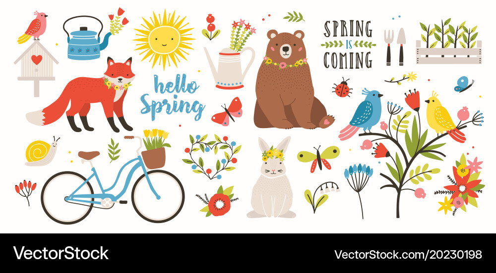 Spring set collection of cute animals birds Vector Image