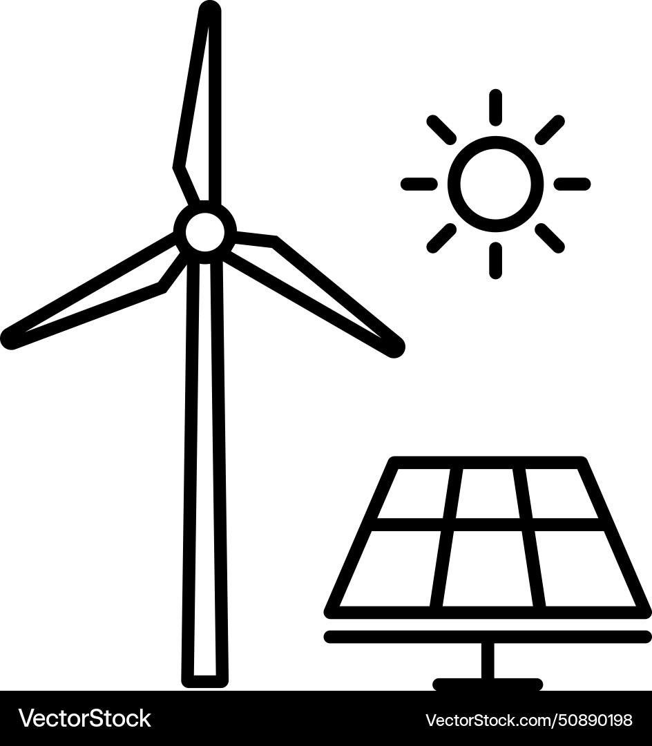 Wind turbine and solar panels icon in linear style