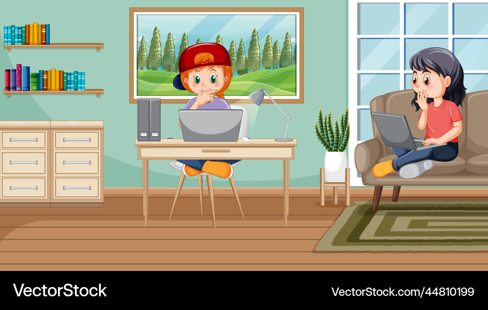 At home scene with children using their laptops Vector Image