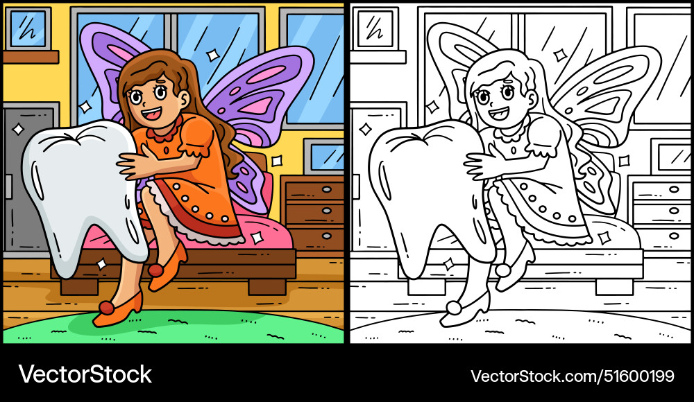 Dental care tooth fairy coloring page Royalty Free Vector