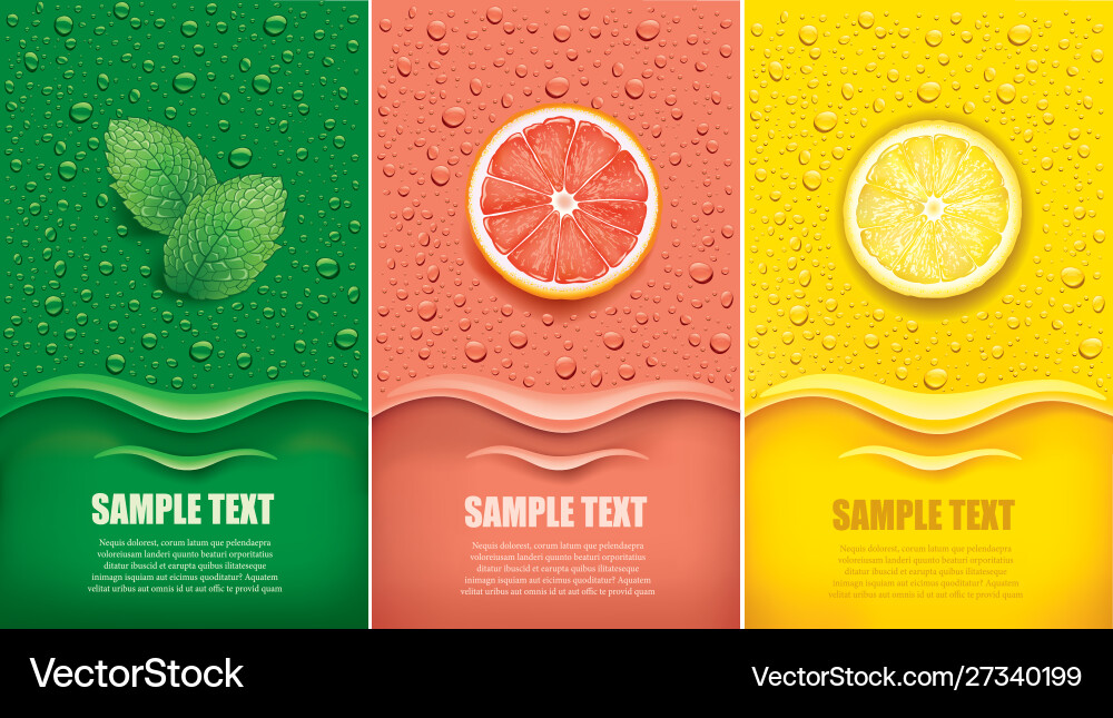 Many fresh juice drops background with fruits Vector Image