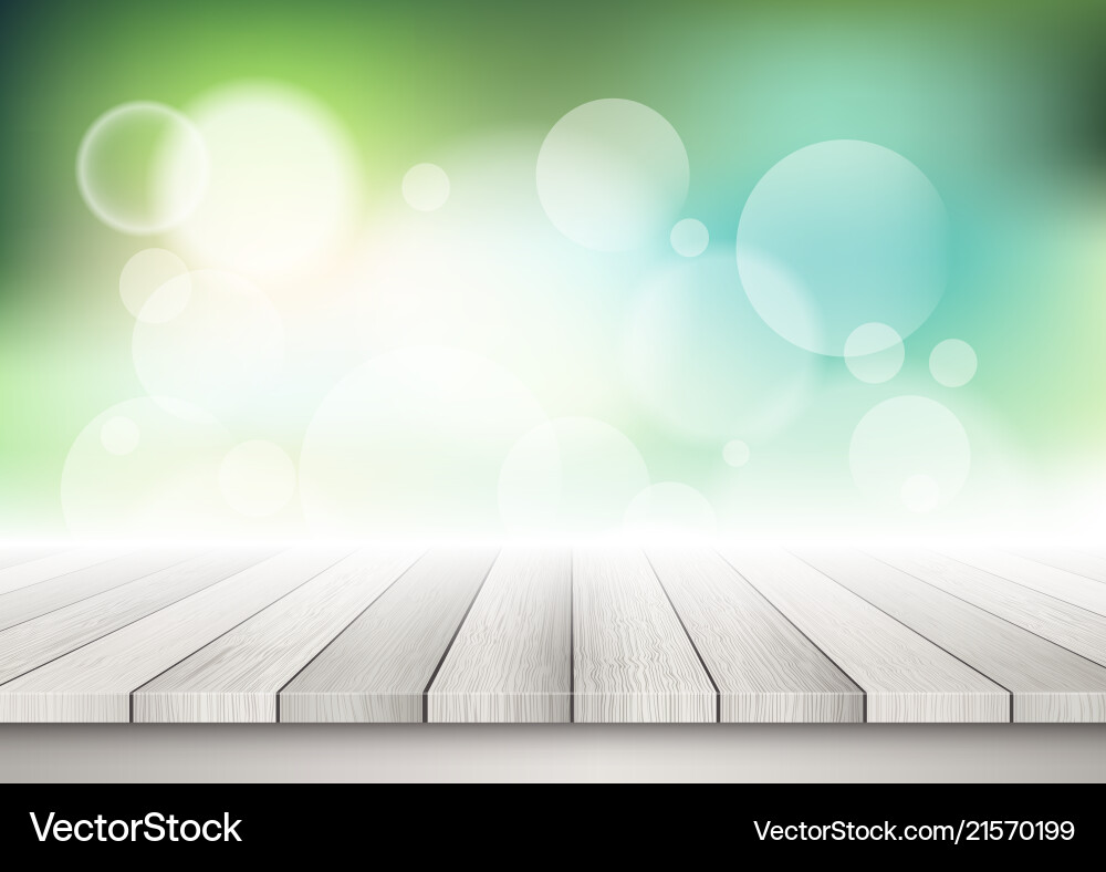 Wooden table against a bokeh lights background Vector Image