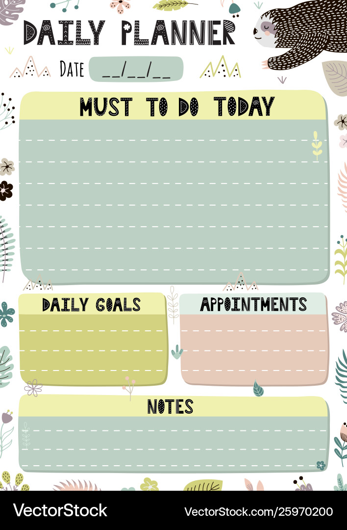 Colorful daily planner template cartoon organizer Vector Image