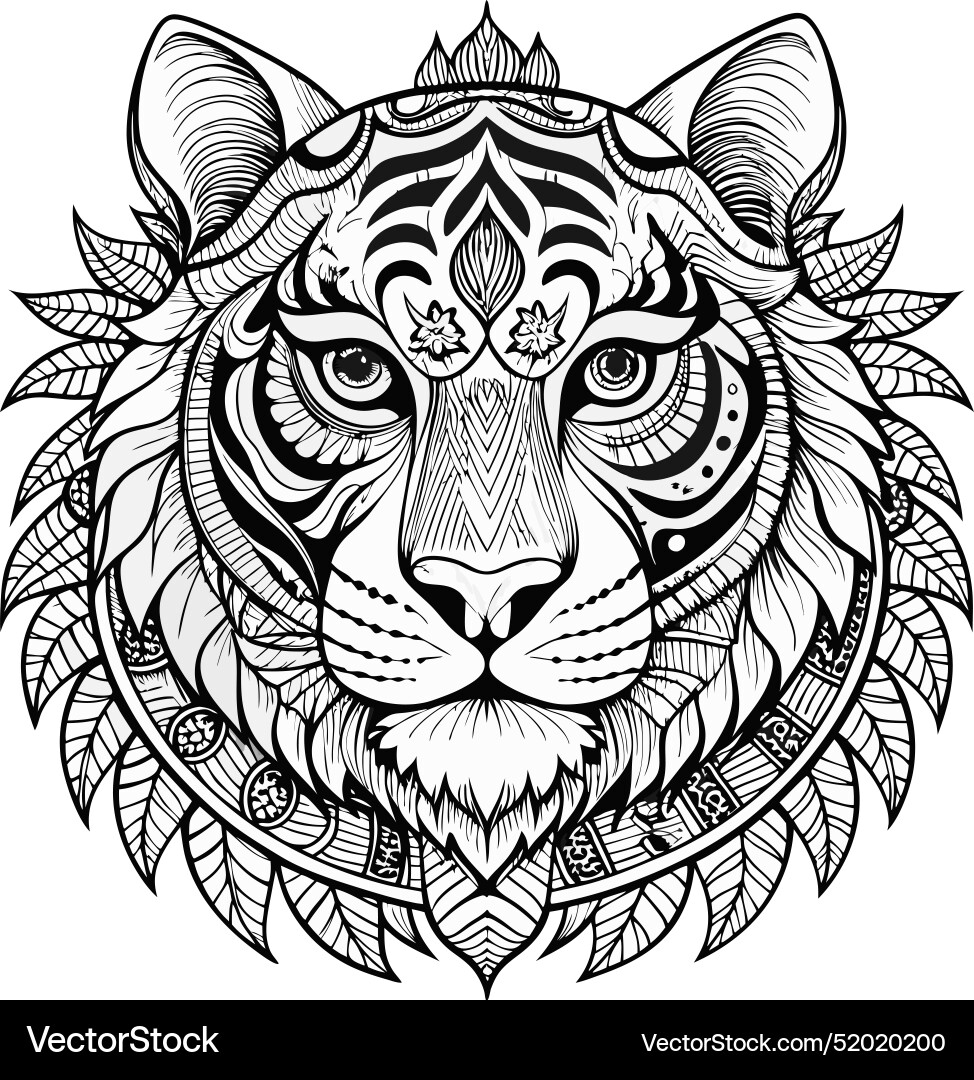 Tiger head mandala entangle coloring page Vector Image