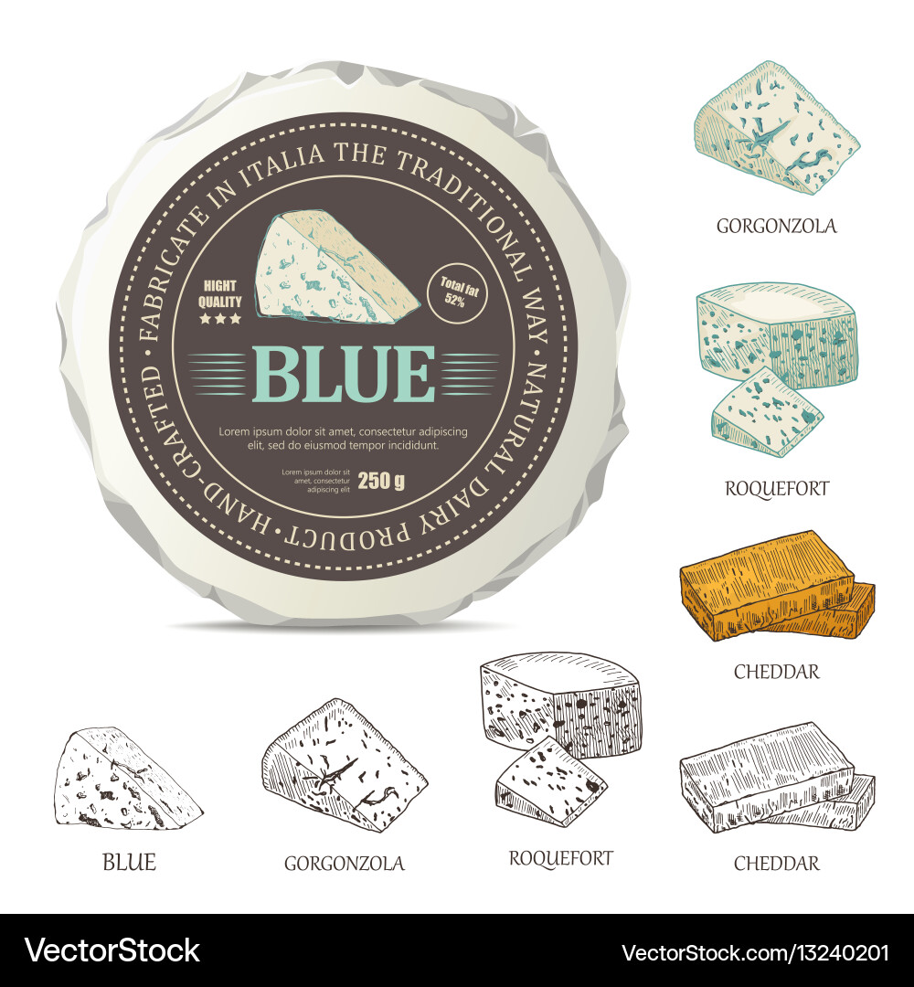 Blue cheese sticker design on mockup wrapper Vector Image
