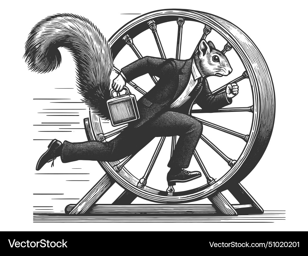 Businessman squirrel on wheel engraving Royalty Free Vector