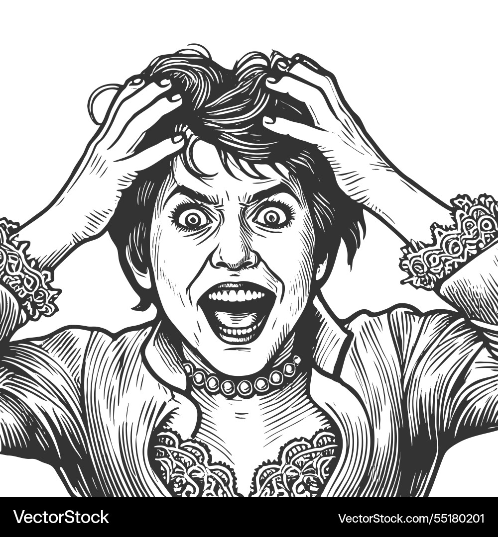Crazy mad excited woman engraving Royalty Free Vector Image