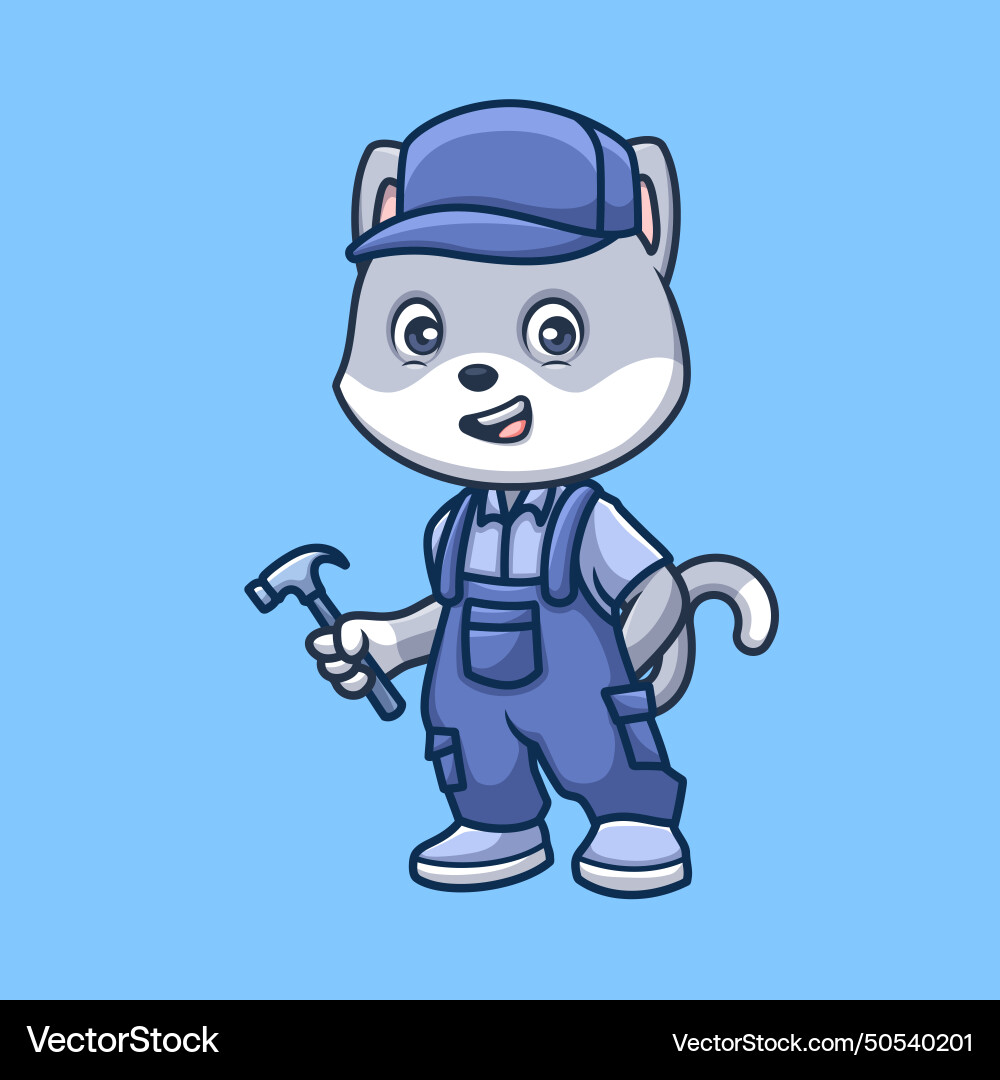 Mechanic grey cat cute cartoon Royalty Free Vector Image