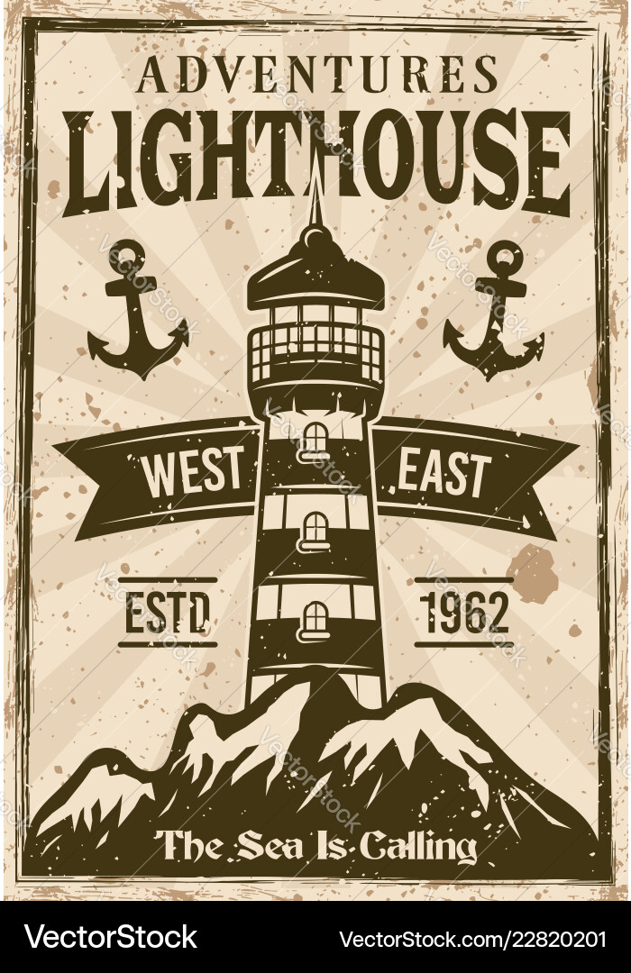 Nautical retro poster with lighthouse mountains Vector Image