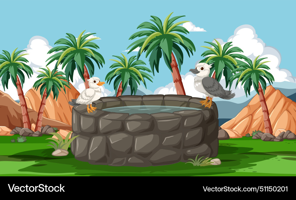 Two birds perched on a well in a tropical setting Vector Image