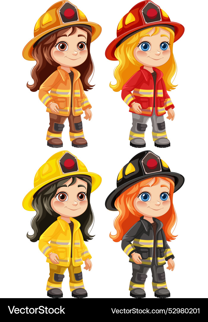 Vier Cartoon Feuerwehrmädchen in bunt Lizenzfreier Vektor