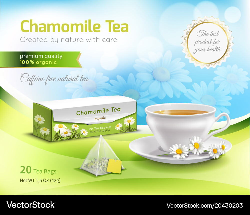 Chamomile tea advertising realistic composition Vector Image