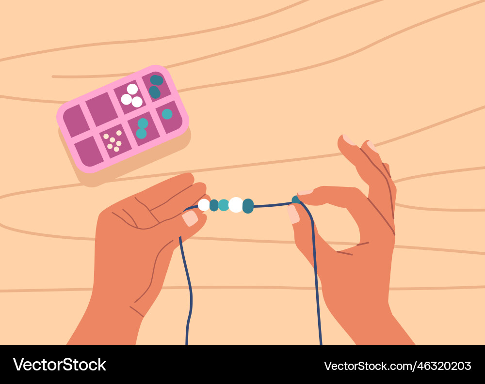 Top view of hands stringing beads on a string Vector Image