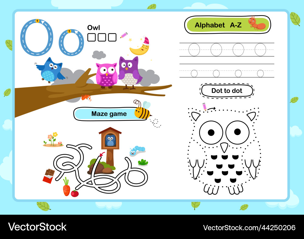 Alphabet letter o-owl exercise with cartoon Vector Image