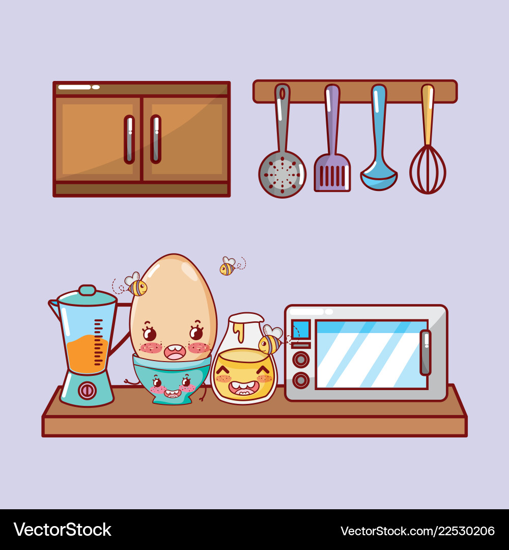 Kitchen items cartoon kawaii Royalty Free Vector Image