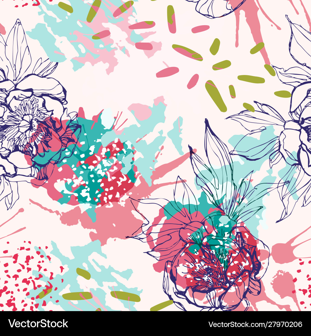 Line sketch peonies seamless pattern Royalty Free Vector