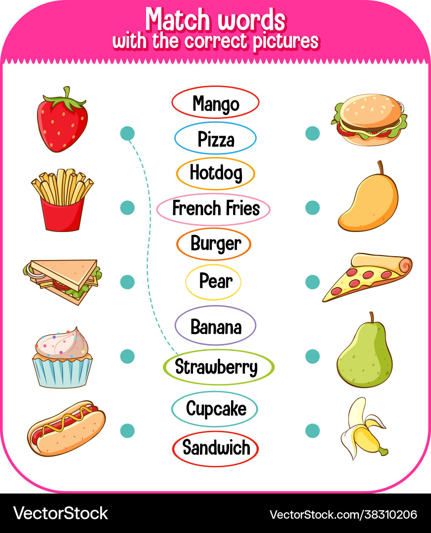 Match words with correct pictures game Royalty Free Vector