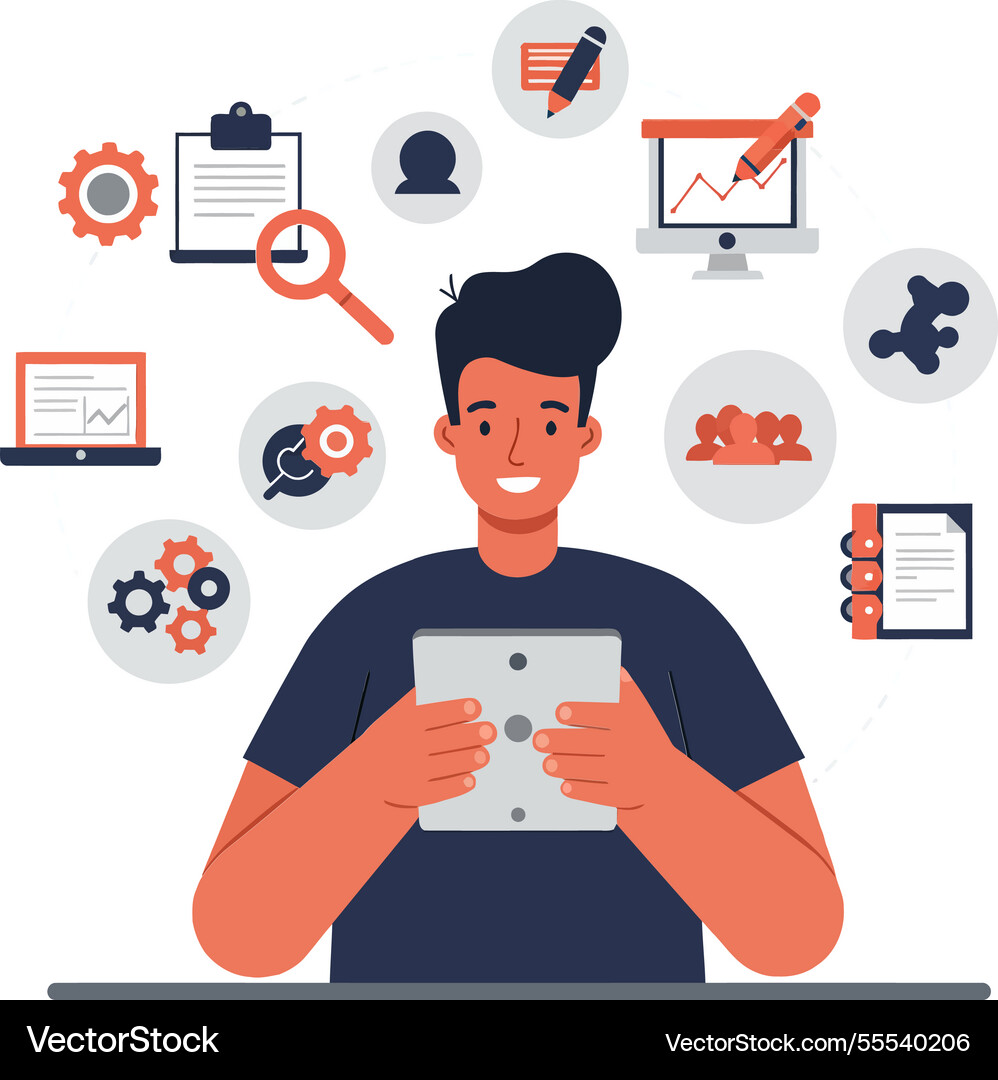 Person using tablet with digital tools and icons Vector Image