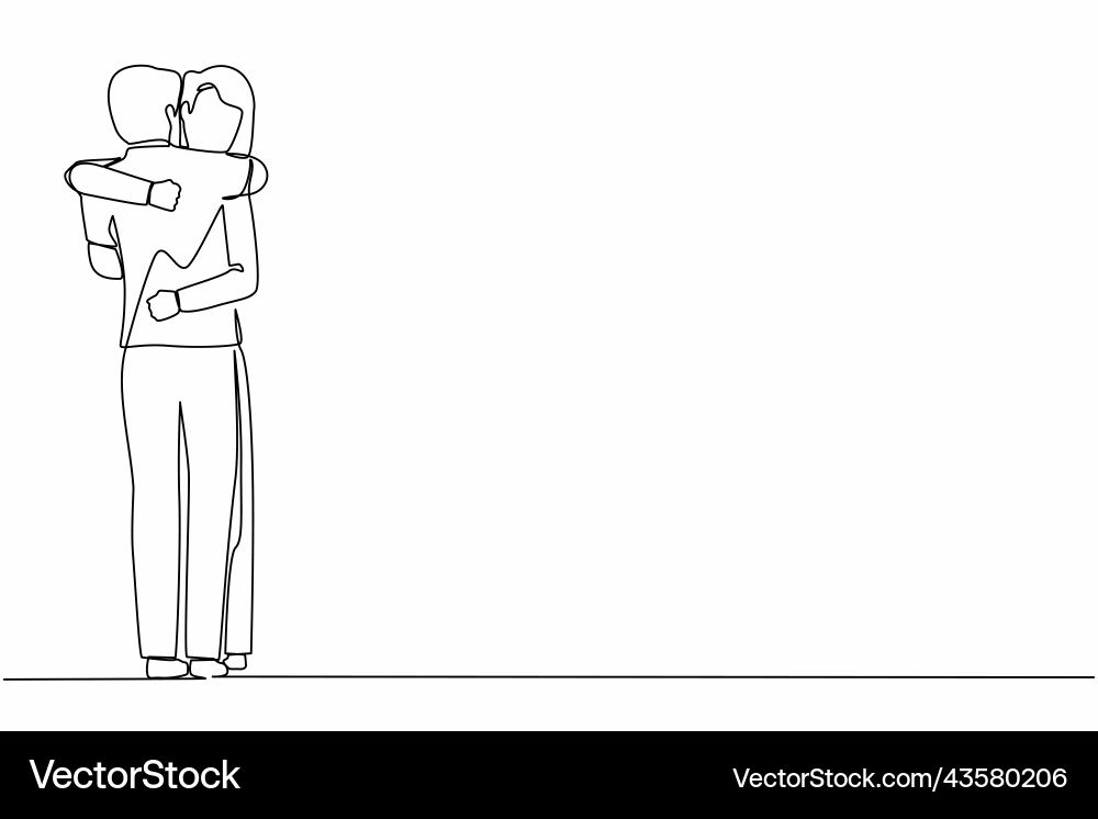 Single one line drawing excited wife embracing Vector Image