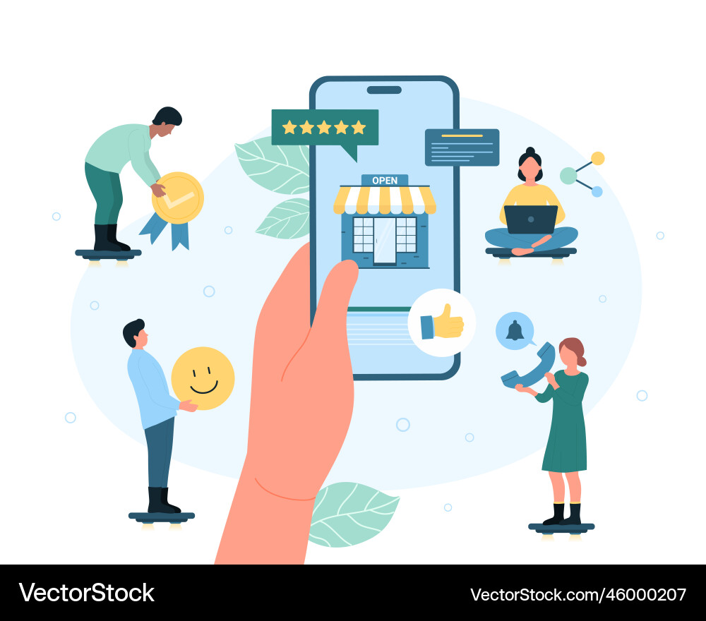 Customer feedback hand holding phone with shop Vector Image