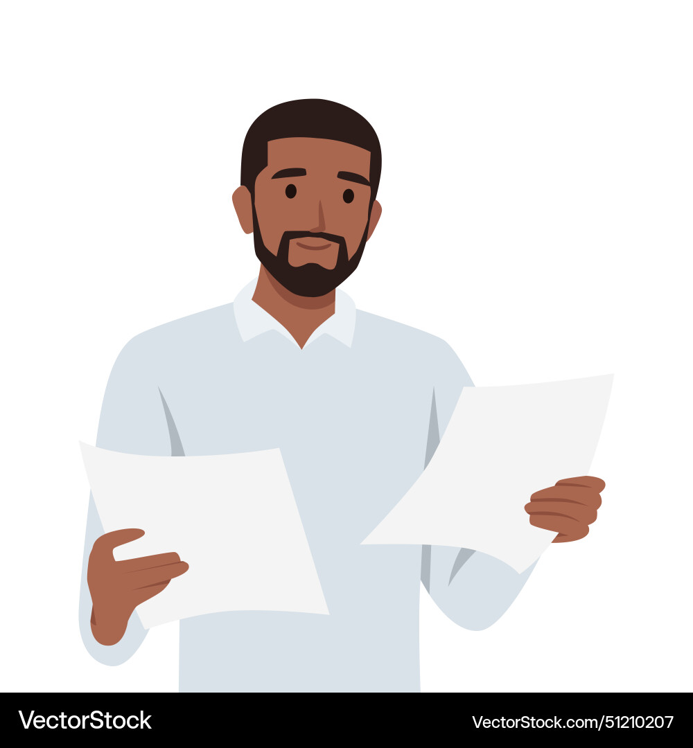 Young man looking through paper documents Vector Image