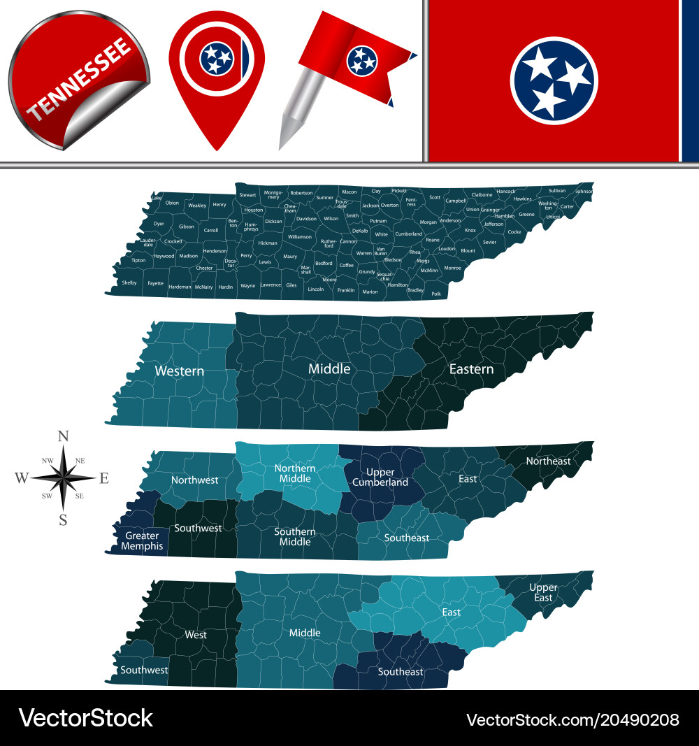 Map of tennessee with regions Royalty Free Vector Image