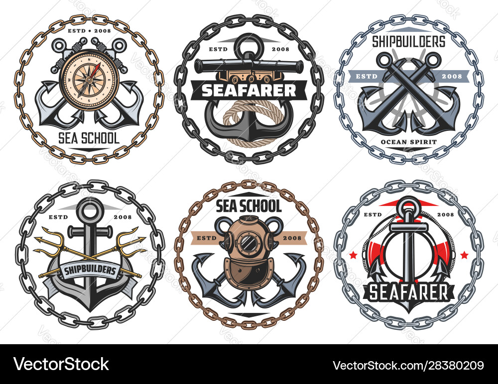Sea sailing marine anchor and compass badges Vector Image