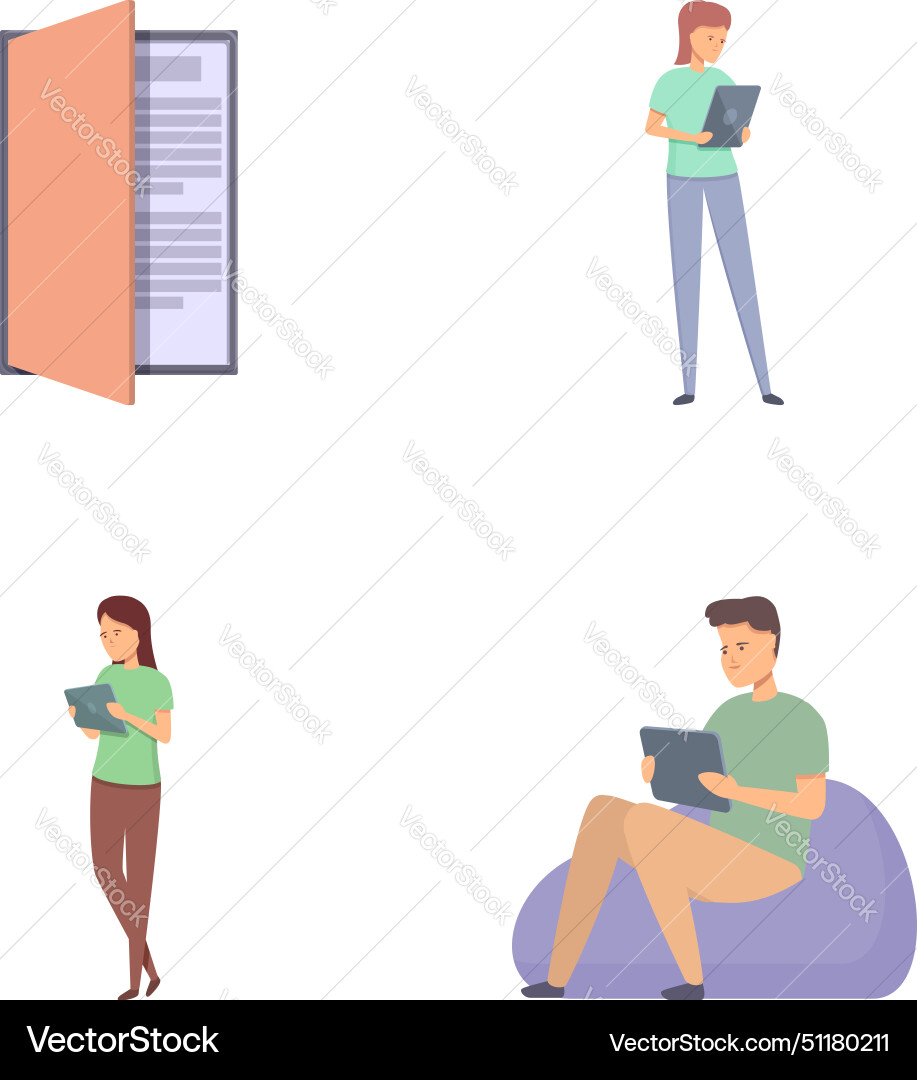 Digital library icons set cartoon people Vector Image