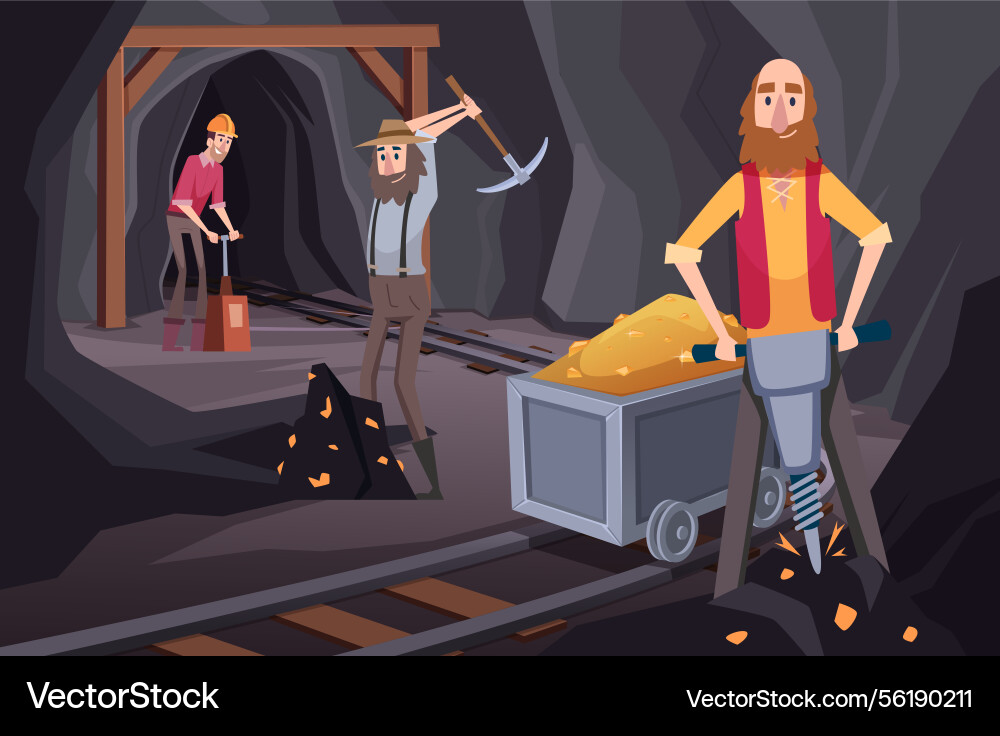 Miners working mine with treasures Royalty Free Vector Image