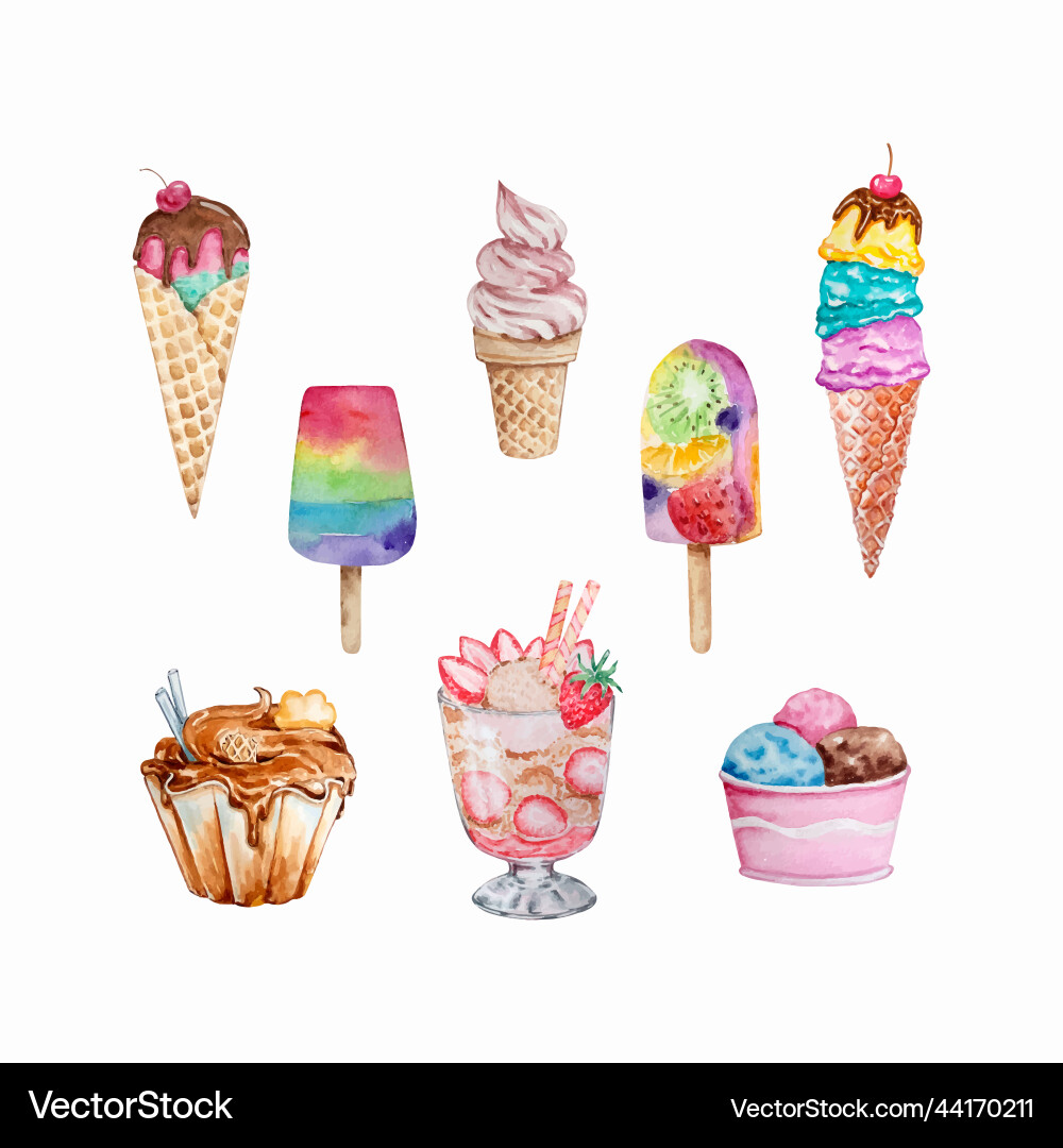 Watercolor set of different ice cream Royalty Free Vector
