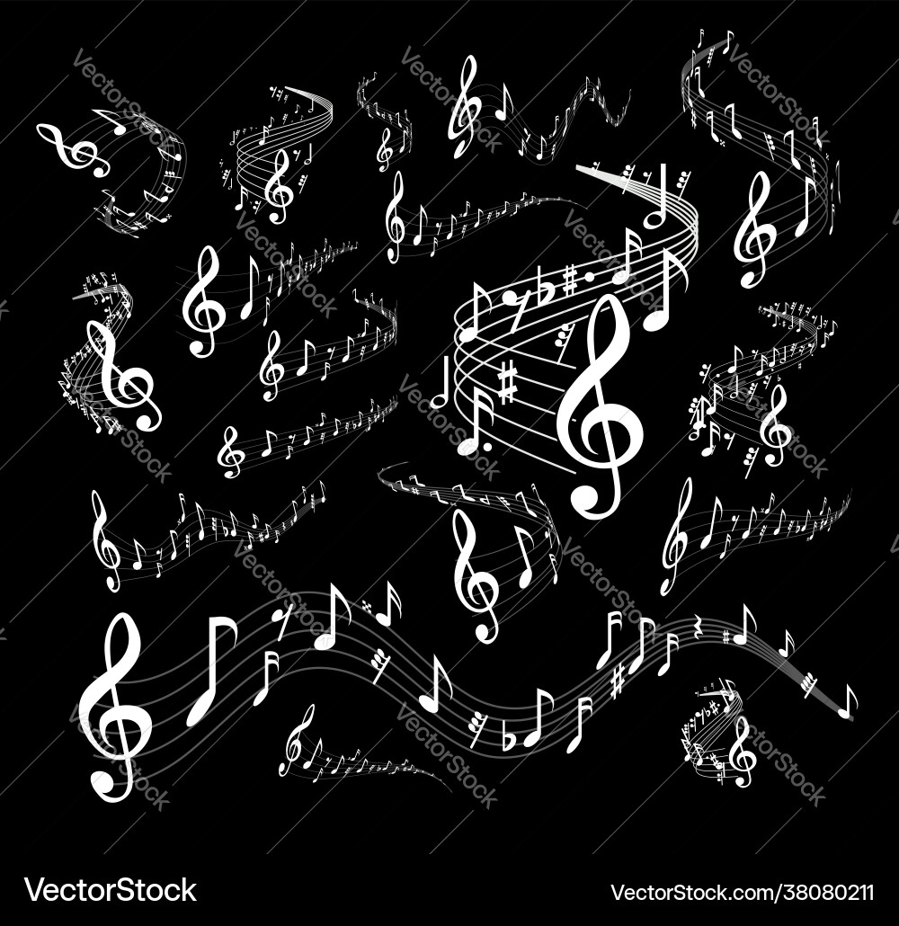Wavy music staves set on black background Vector Image